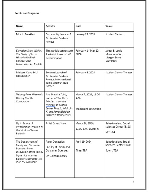 Tentative Events and Activities