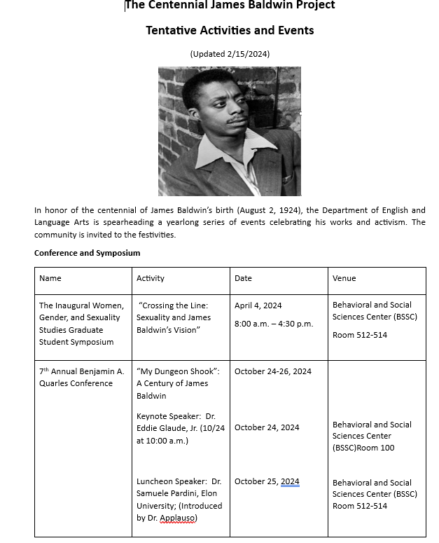 Tentative Events and Activities